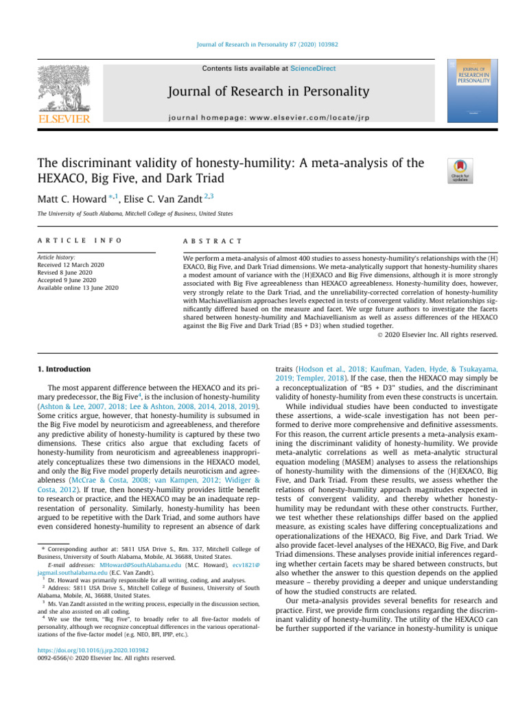 The Discriminant Validity of Honesty-Humility A Meta-Analysis of The ...