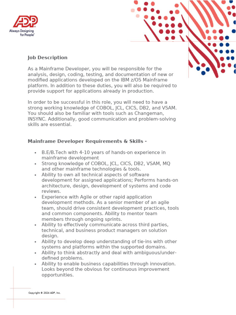 Mainframe Developer JD | PDF | Business | Art