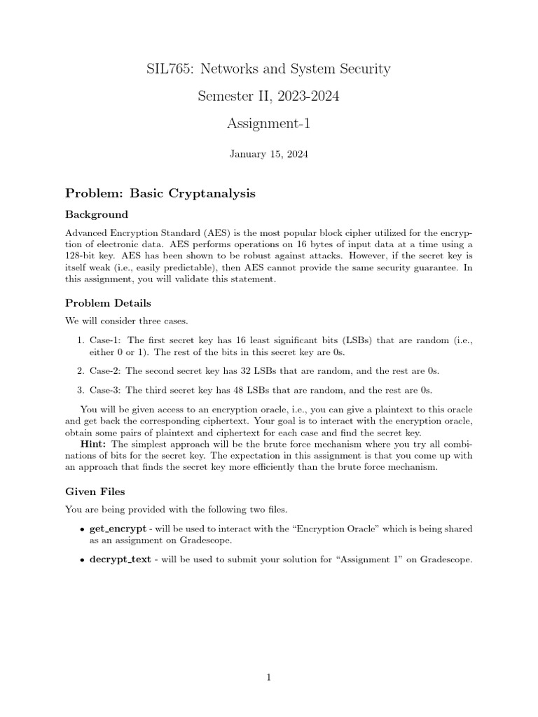 2023 24 SIL765 Assignment 1 | PDF | Encryption | Key (Cryptography)