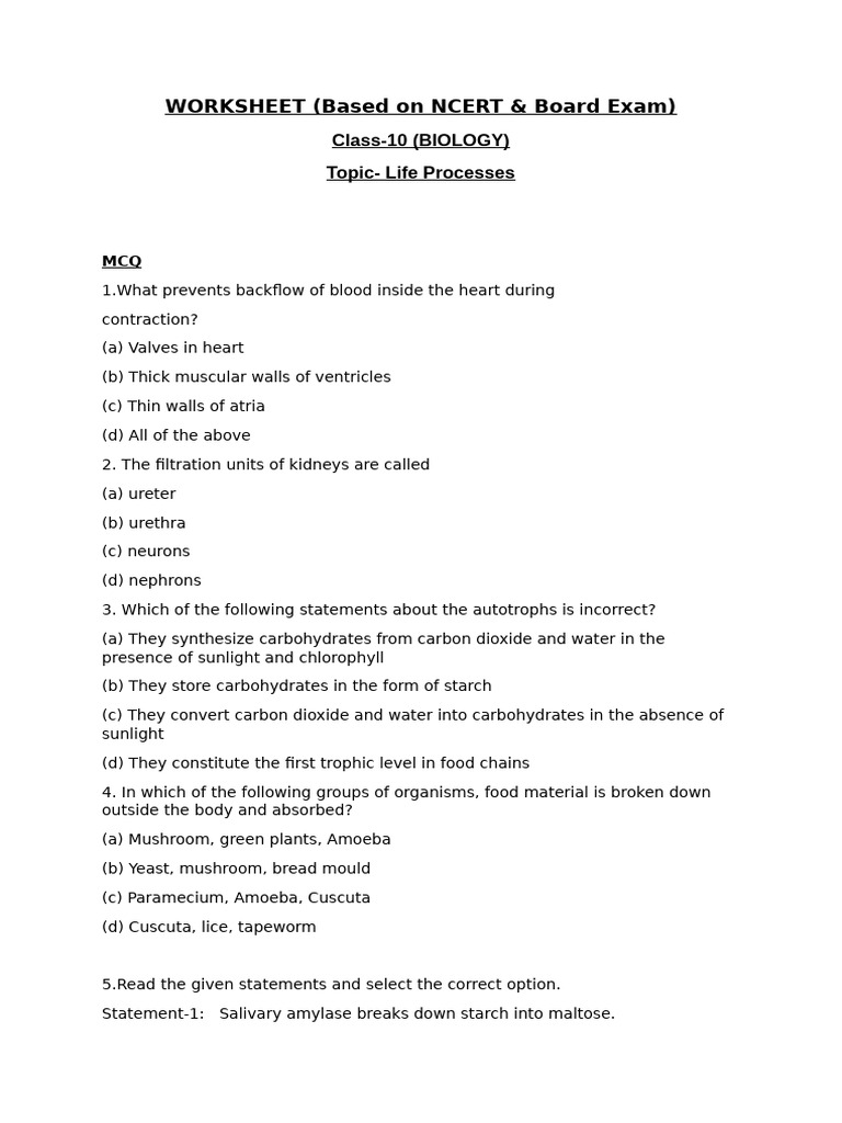Class 10 Biology: Life Processes Quiz | PDF