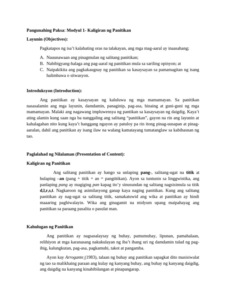Pangunahing Paksa: Modyul 1-Kaligiran NG Panitikan Layunin (Objectives ...