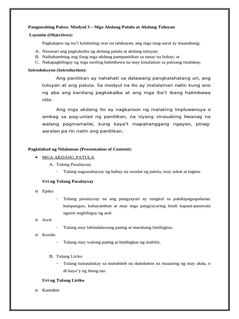 Pangunahing Paksa: Modyul 3 - Mga Akdang Patula at Akdang Tuluyan ...