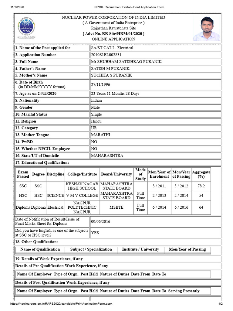 NPCIL Recruitment Portal - Print Application Form | PDF