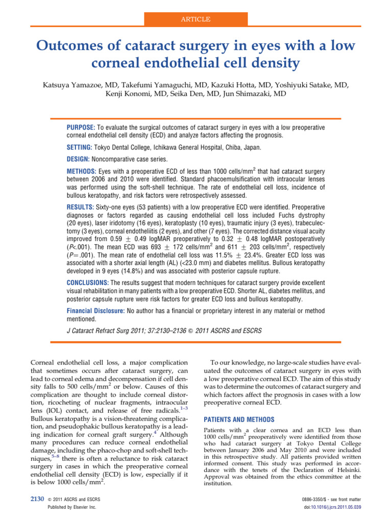 Outcomes of Cataract Surgery in Eyes With A Low Endothelial Cell ...