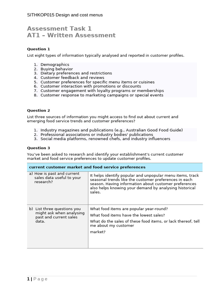 SITHKOP015 - Written Assessment - Christiano Azevedo Lopes | PDF | Menu | Restaurants