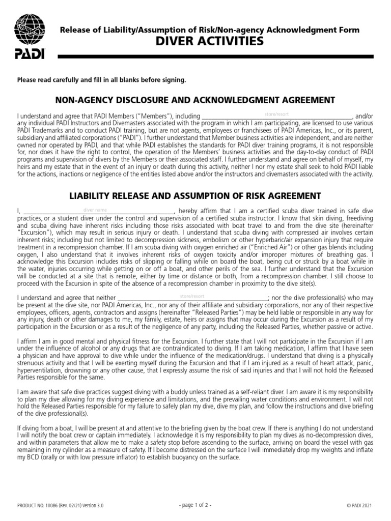 10086 Divers Liability Form v3 | PDF | Scuba Diving | Underwater Diving