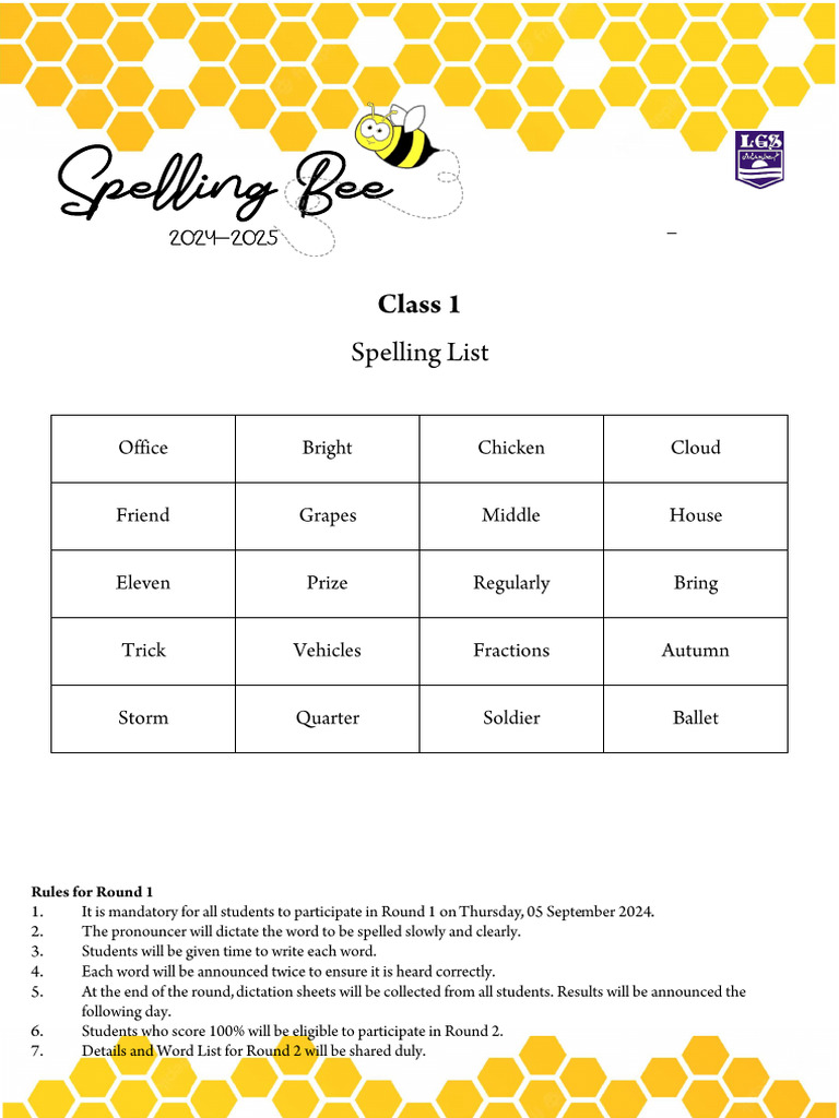 Spellings List Round 1 | PDF
