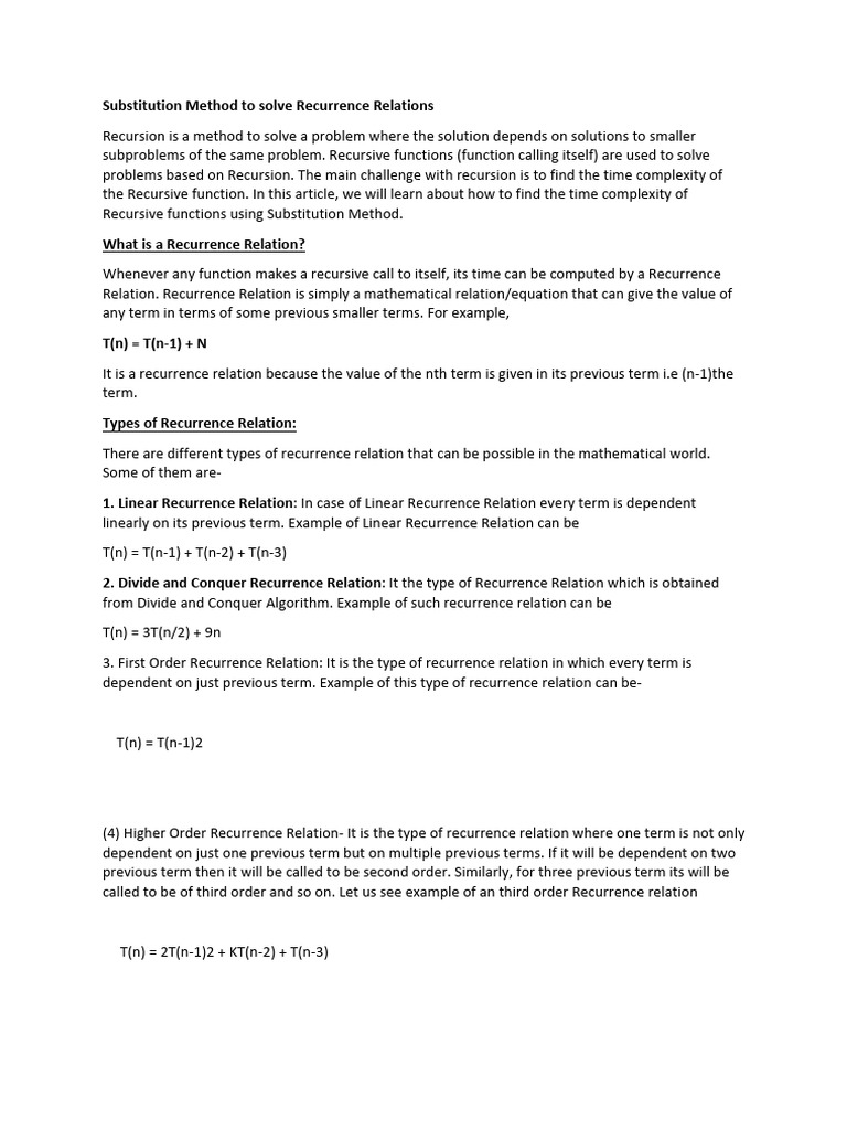 Recurrence Relation Substitution Method Pdf Recurrence Relation