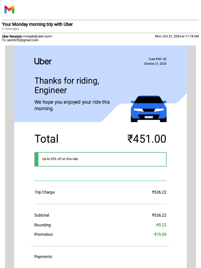 Gmail - Your Monday Morning Trip With Uber | PDF | Invoice