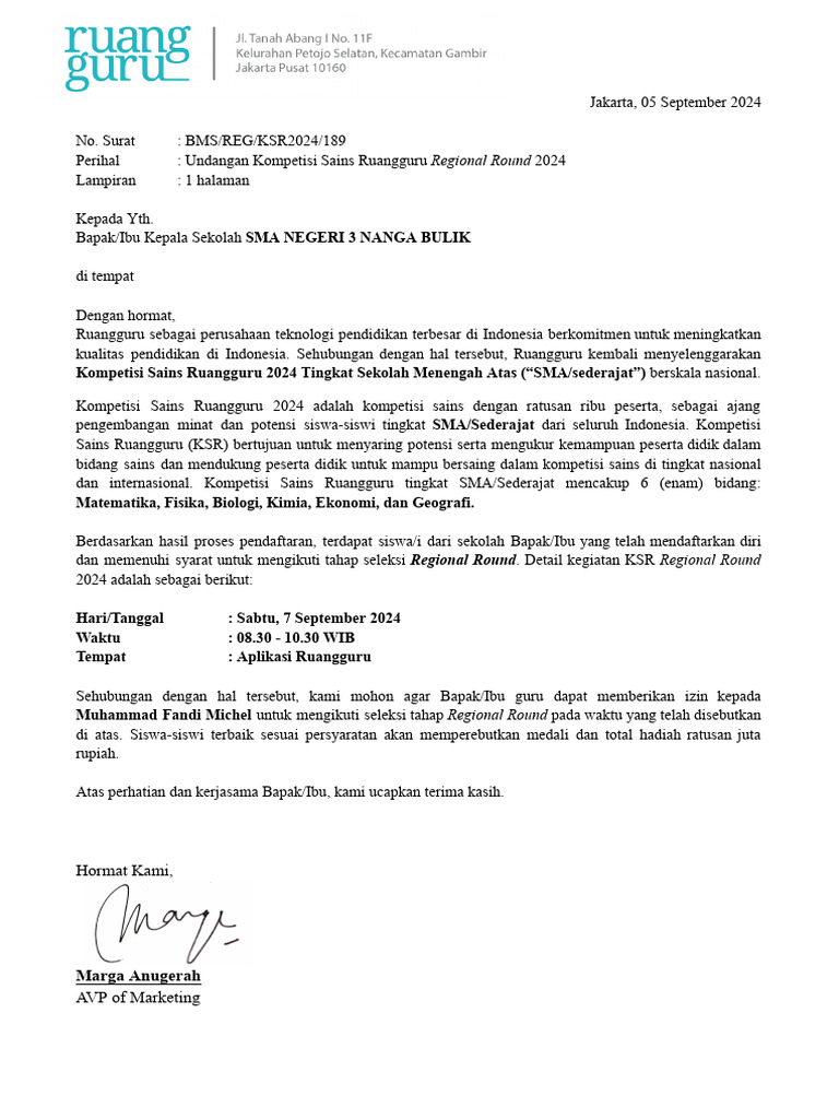 Muhammad Fandi Michel Surat Izin KSR 2024 Regional Round | PDF | Bisnis