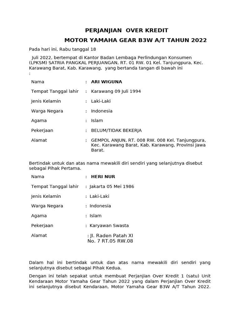 Perjanjian Over Kredit Ari Wiguna | PDF | Pengelolaan Keuangan & Uang
