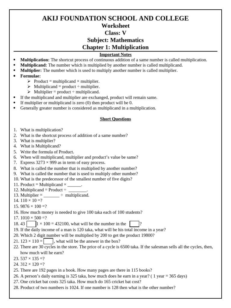 Chapter 1 Multiplication | PDF | Multiplication | Notation
