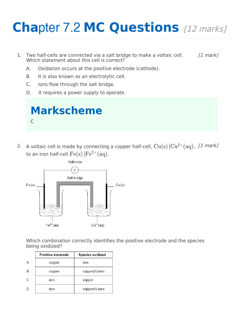 Chapter 7.2 - Redox Reactions - MC Questions Markscheme | PDF | Anode | Redox