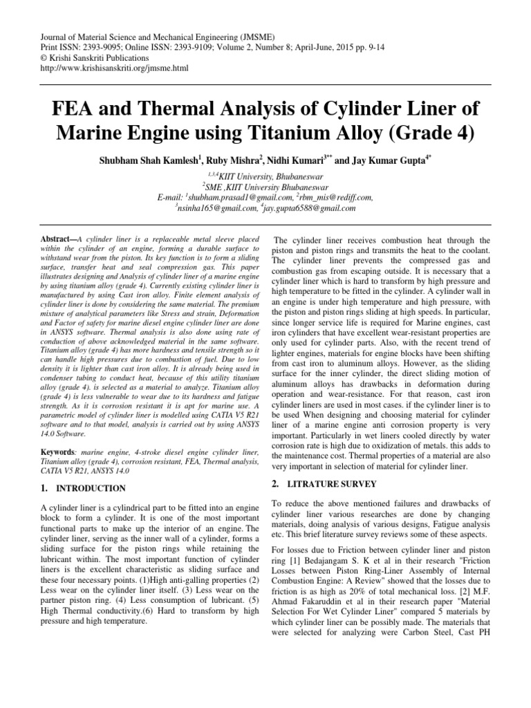 FEA and Thermal Analysis of Cylinder Lin | PDF | Piston | Stress ...