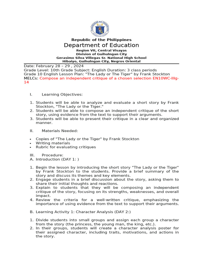 Independent Critique | PDF | Plot (Narrative) | Lesson Plan
