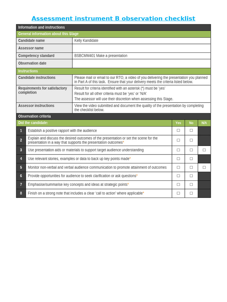 05 Assessment Instrument B Observation Checklist-V2 | PDF