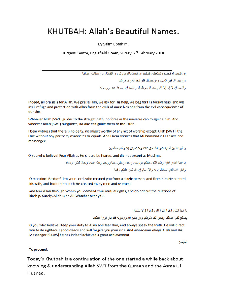 Salim-Ebrahim-Asma-Ul-Husnaa-Khutba | PDF | Prophets And Messengers In ...