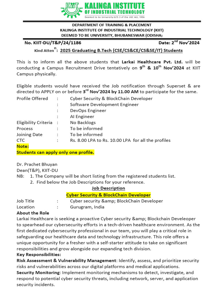 KIIT 2025 B.Tech Campus Recruitment | PDF | Computer Security | Security