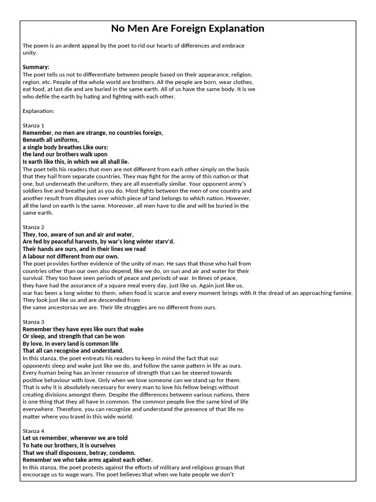 No Men Are Foreign: Poem Analysis | PDF