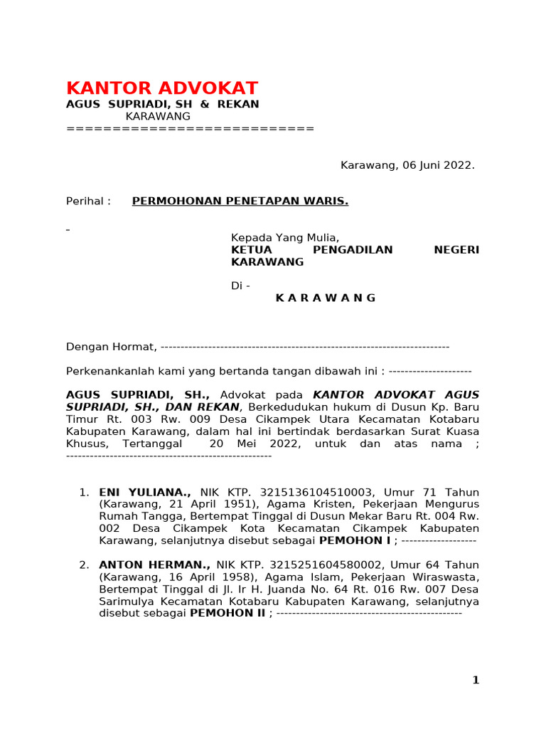 Permohonan Ahli Waris Agus Supriadi | PDF