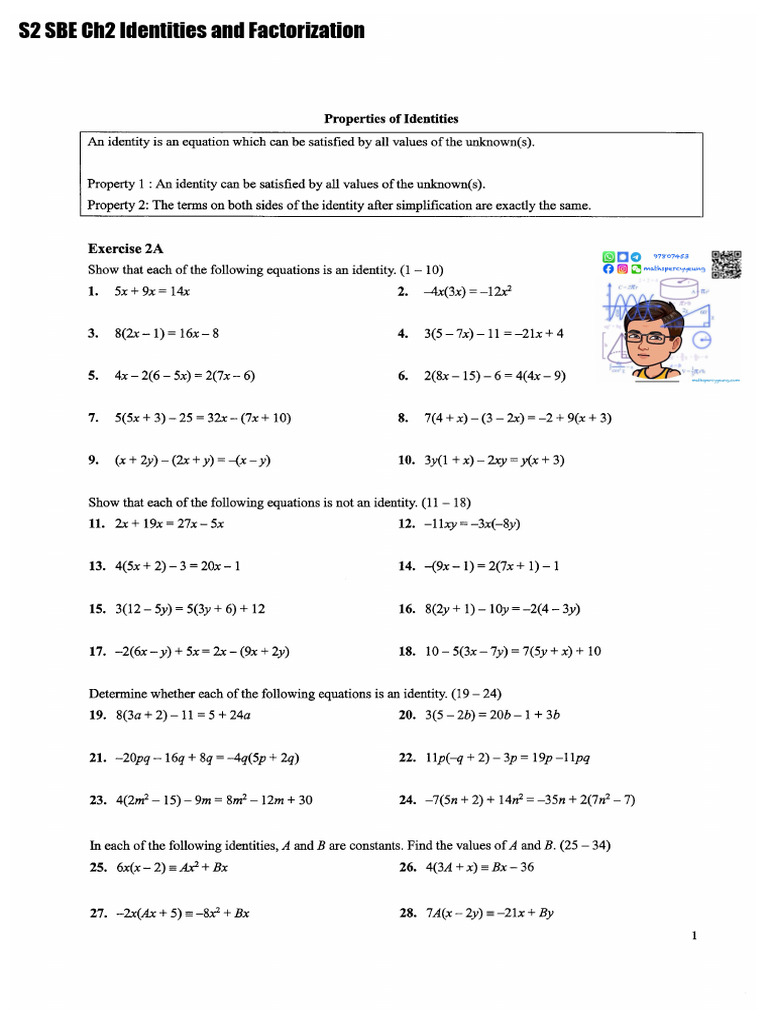 S2 SBE Ch2 Identities and Factorization Q | PDF
