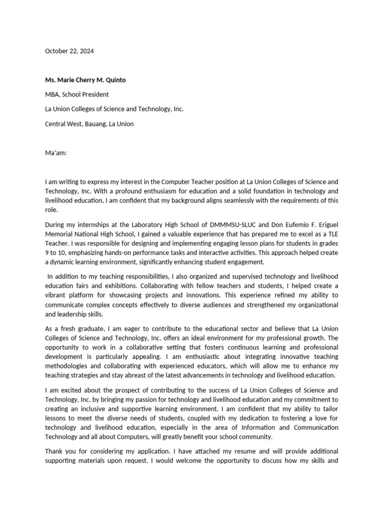 Application Letter. JUERA | PDF | Teachers | Science, Technology ...