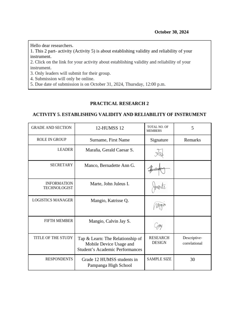 PR2 Q2 ACT5 12-HUMSS-12 Group6 MARAÑA GERALD OCT 30-31 2024 | PDF | Questionnaire | Validity ...