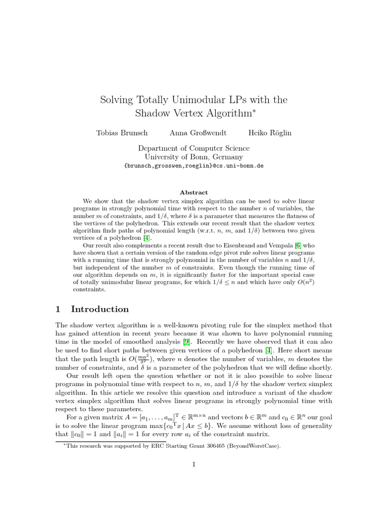 Solving Totally Unimodular Lps With The Shadow Vertex Algorithm | PDF | Linear Programming ...