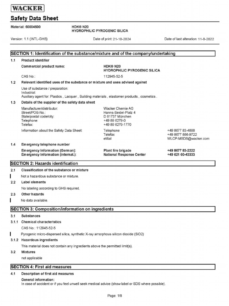 MSDS Fumed Silica HDK - N20 | PDF