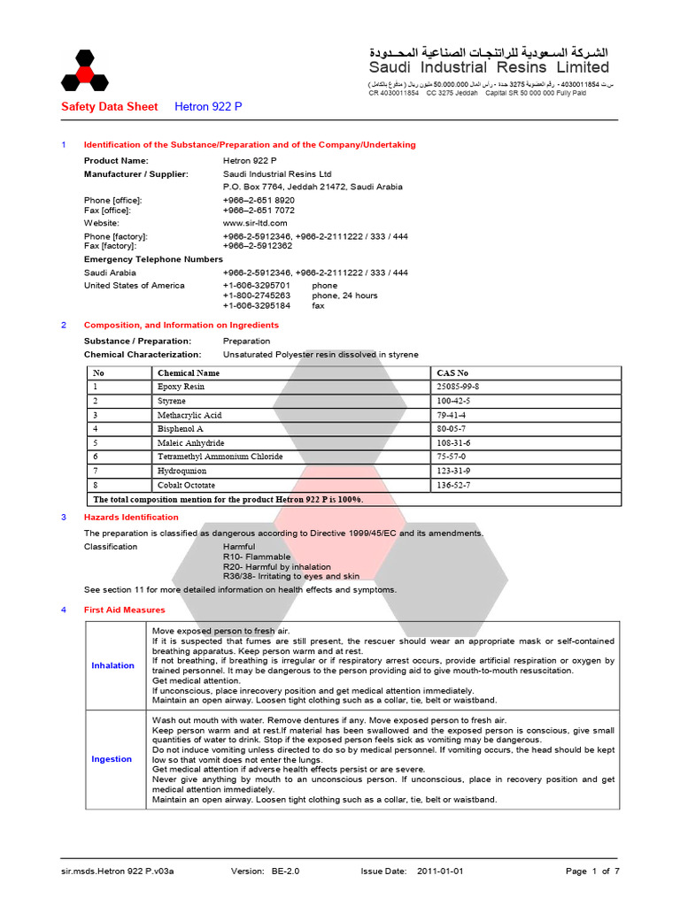 Sir - Msds.hetron 922 P.v03a | PDF | Water | Fires