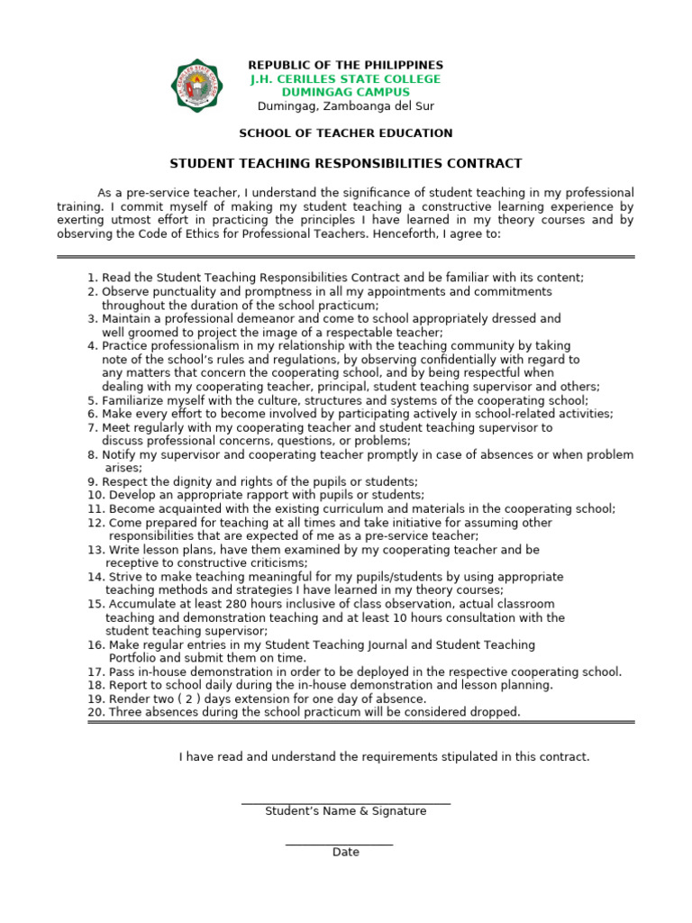 Student Teaching Responsibilities Contract | PDF | Teachers | Human ...