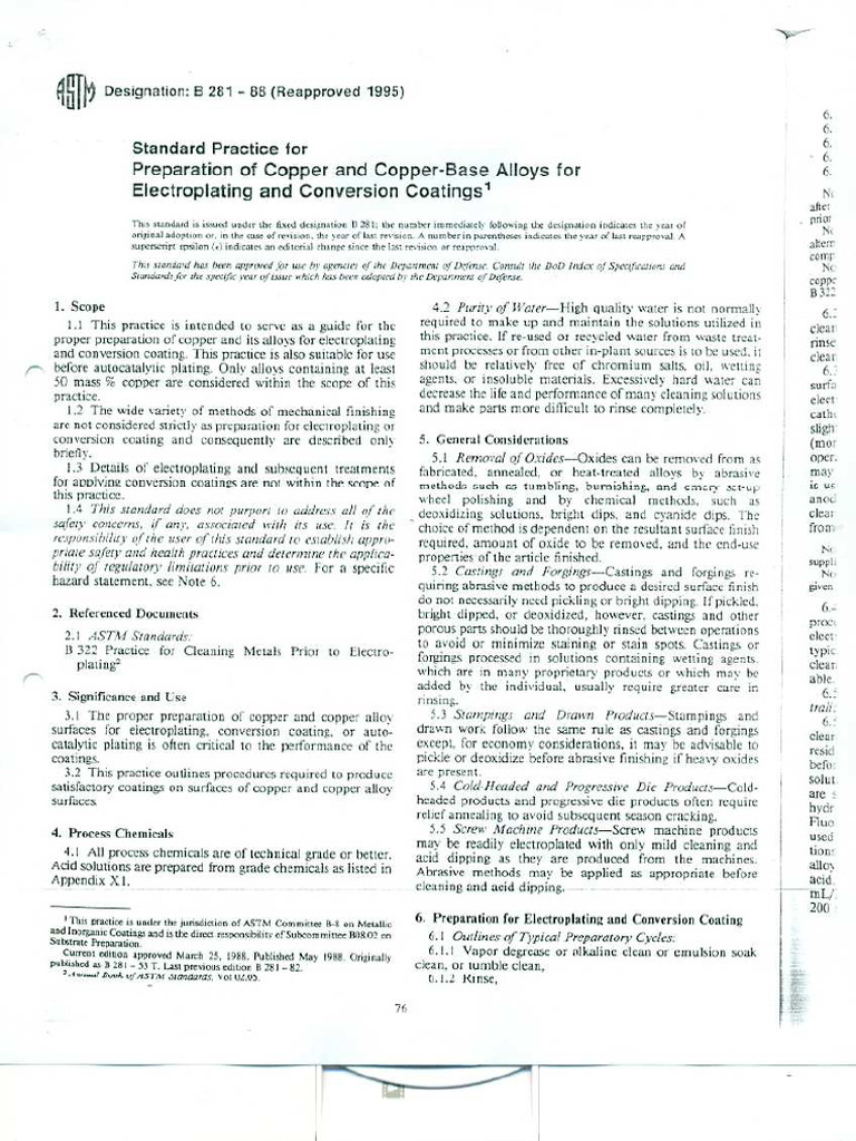 ASTM B281-88 Preperation of Copper and Alloy For Electroplating and ...