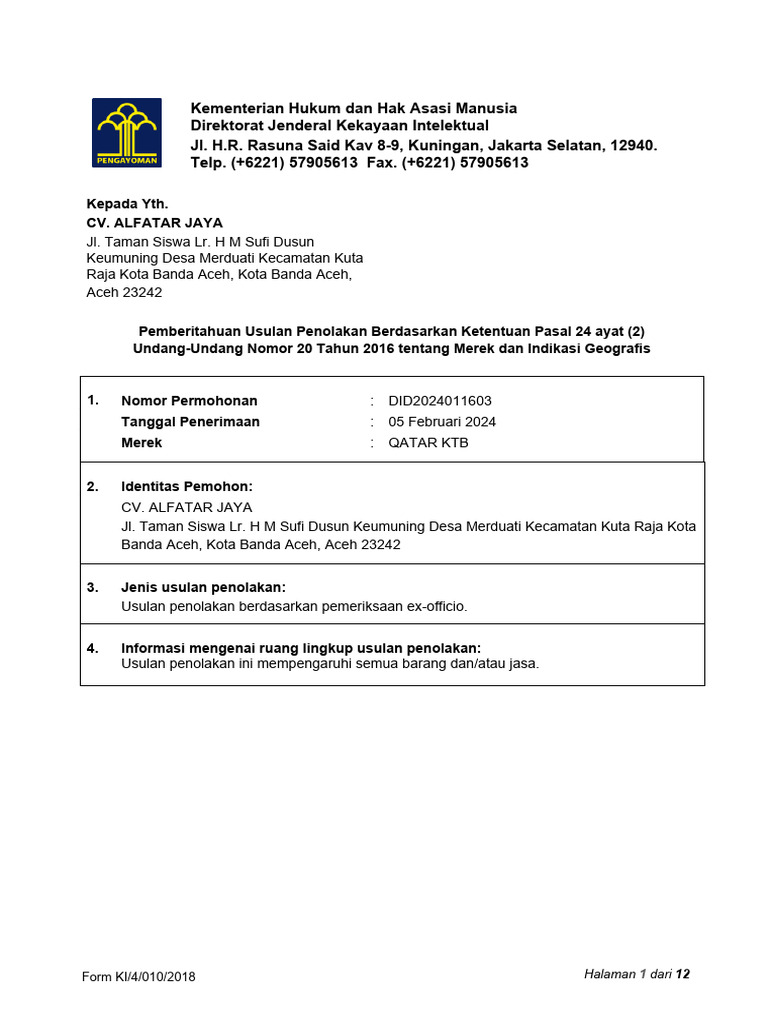 Pemberitahuan Usulan Penolakan Merek QATAR KTB | PDF