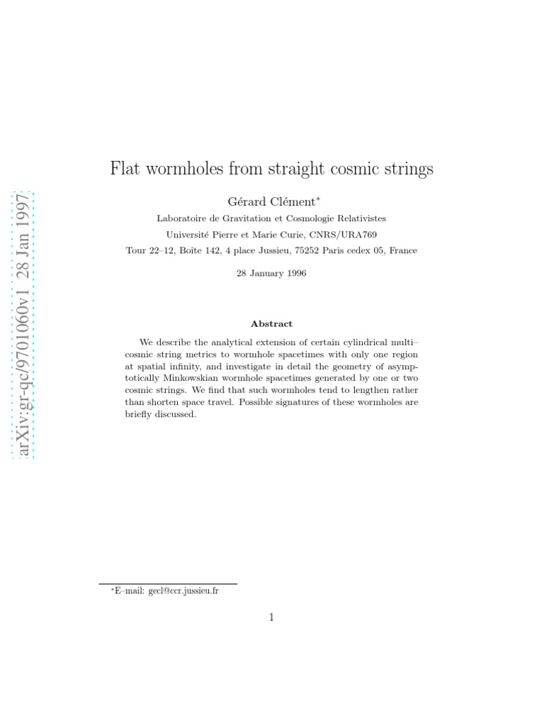 Gerard Clement - Flat Wormholes From Straight Cosmic Strings | PDF ...