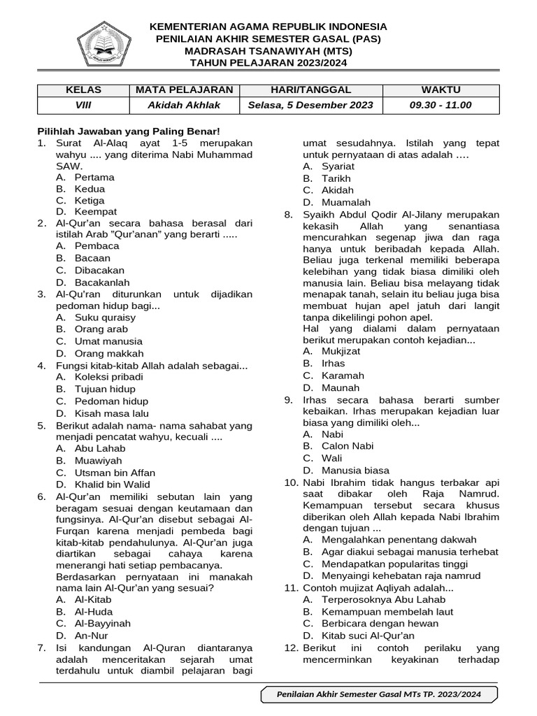 Soal Akidah Akhlak Kelas Viii | PDF