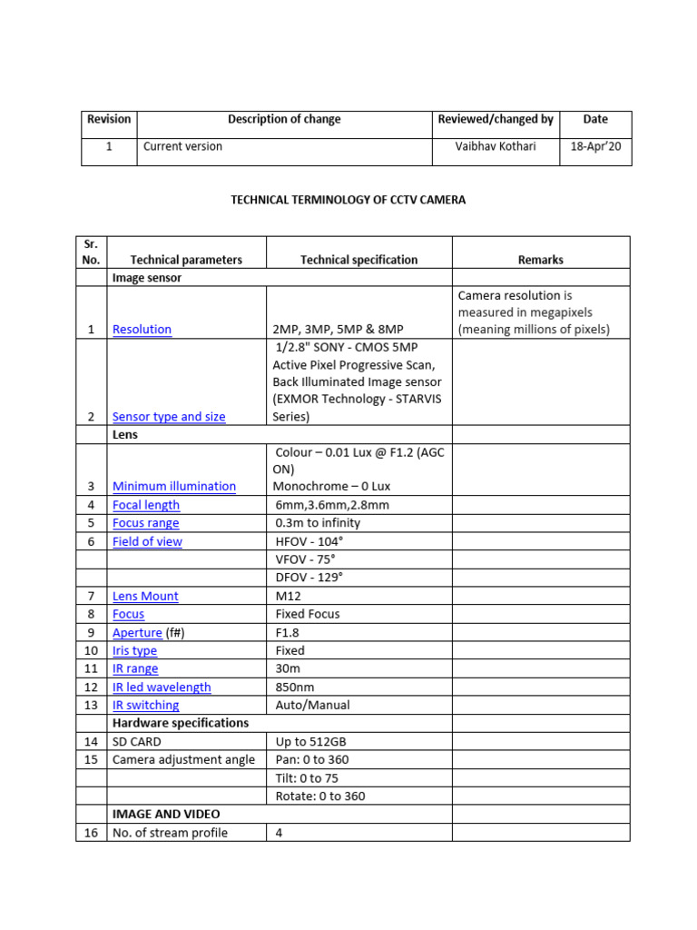 Camera Technical Specification | PDF | Camera | Pixel