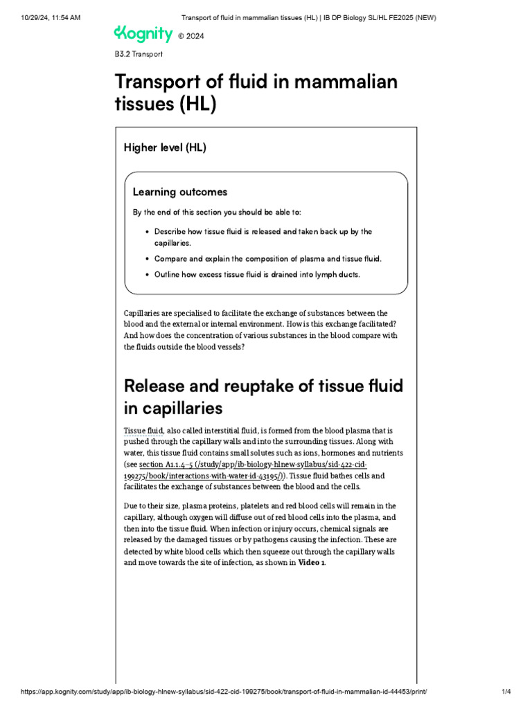 Transport of Fluid in Mammalian Tissues (HL) - IB DP Biology SL - HL ... Transport of Fluid in Mammalian Tissues (HL) - IB DP Biology SL - HL ...