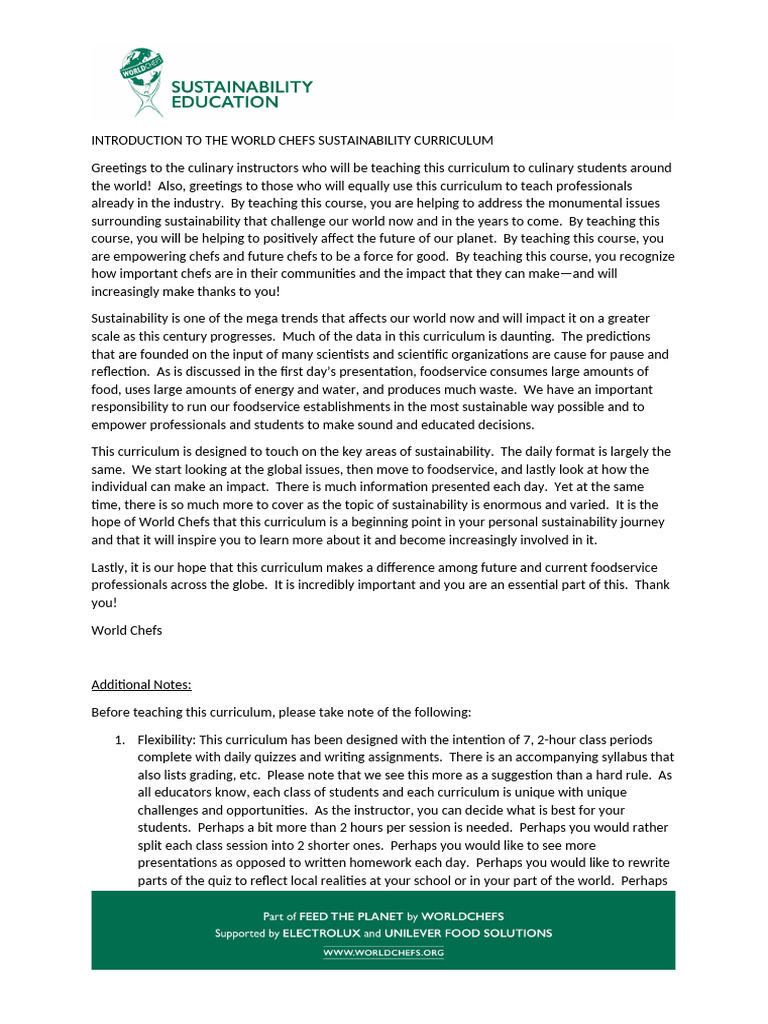 Introduction To The World Chefs Sustainability Curriculum | PDF ...