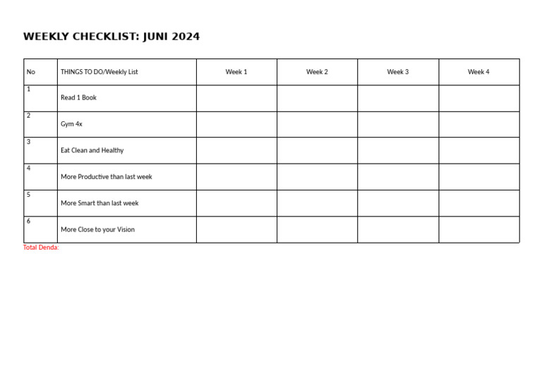 Weekly Check List | PDF | Wellness
