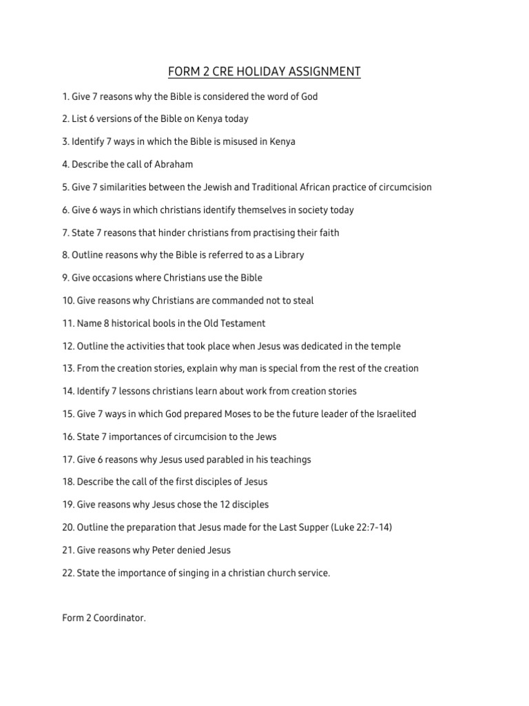 Form 2 CRE Holiday Assignment | PDF