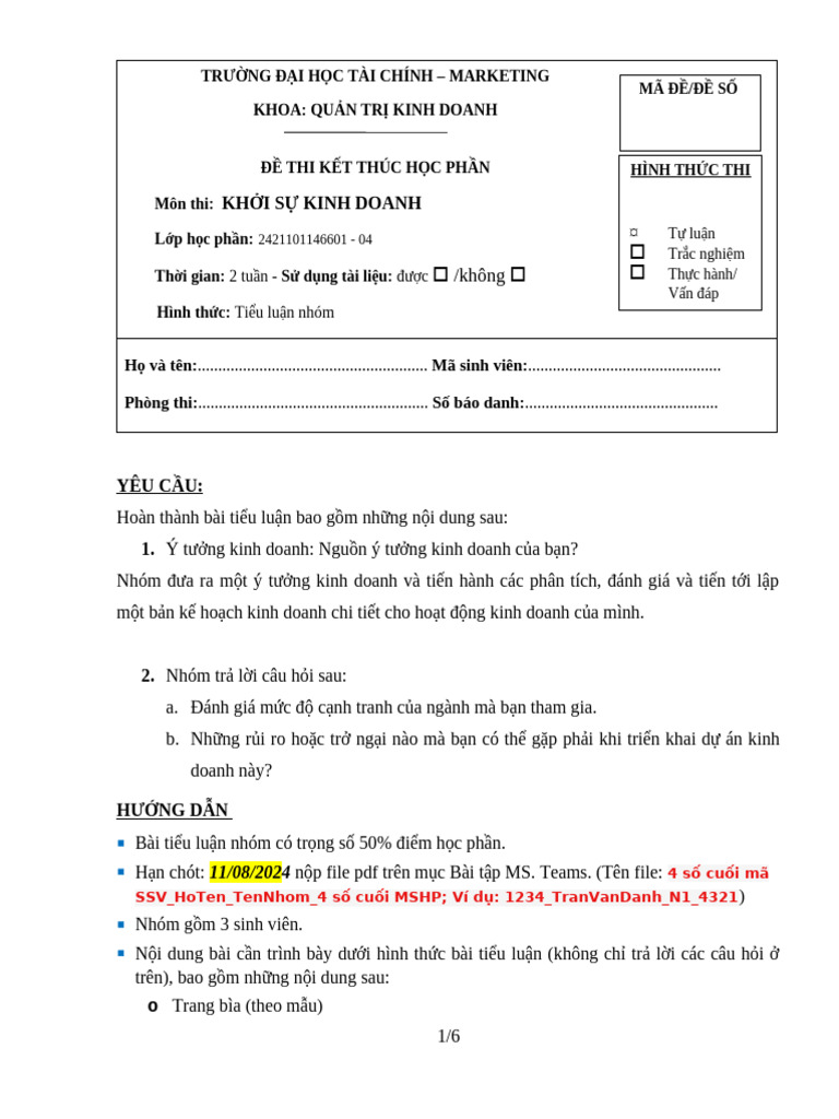 DeThi KhoiSuKinhDoanh HK2 2024 TranVietTrinh DaiTra | PDF