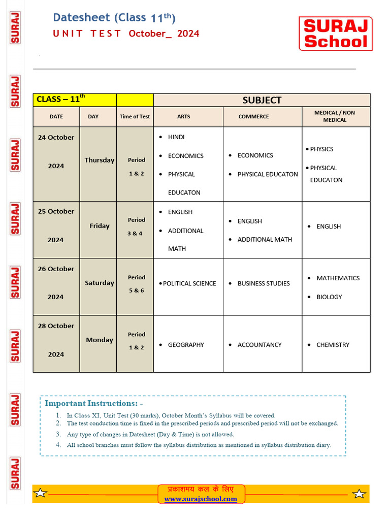 Class 11 Unit Test Datesheet October 2024 | PDF | Science