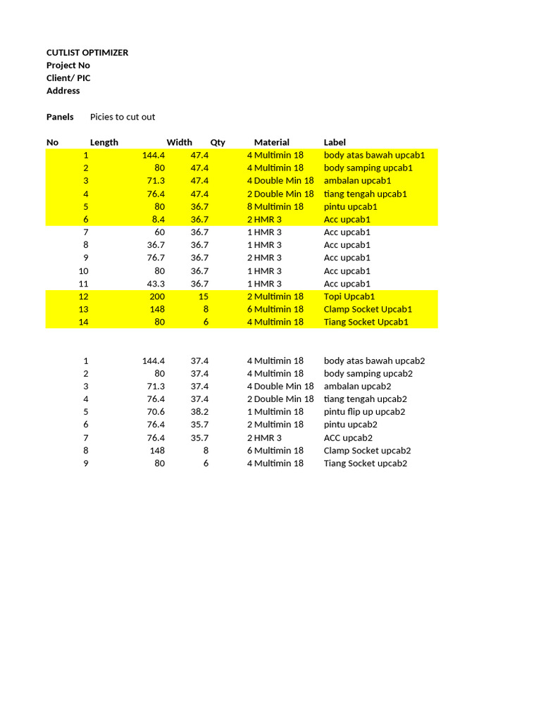 CUTLIST TABLE | PDF