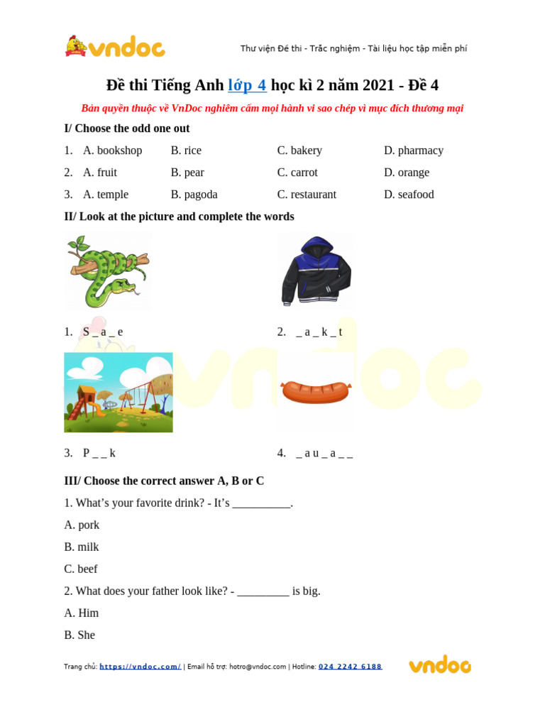 De Thi Tieng Anh Lop 4 Hoc Ki 2 Nam 2021 de 4 | PDF | Career & Growth