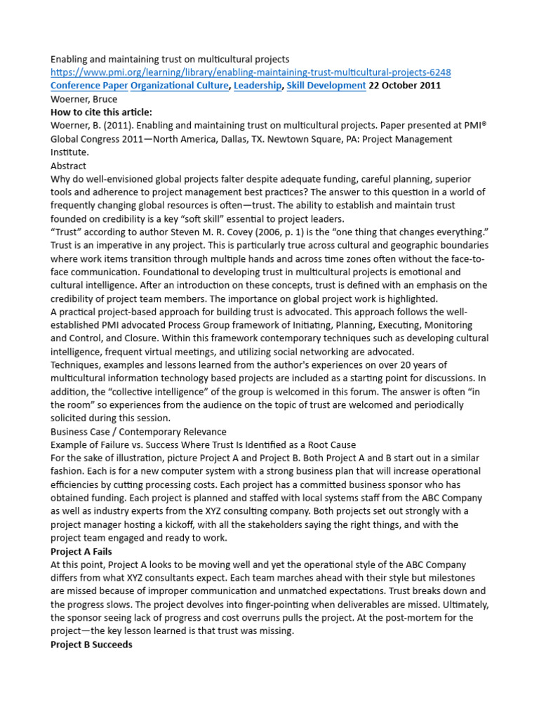 Enabling and Maintaining Trust on Multicultural Projects | PDF | Integrity | Risk
