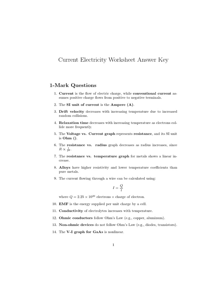Current Electricity Answer Key | PDF | Electrical Resistivity And Conductivity | Electrical ...