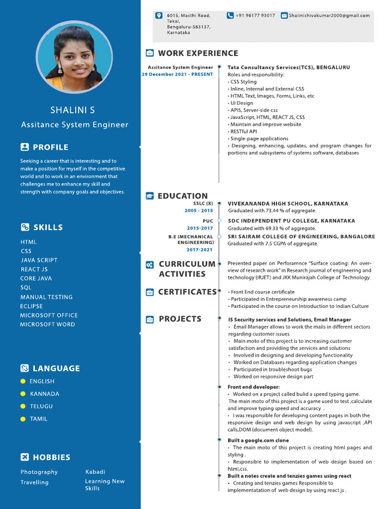 Shali NI S: Work Experi Ence | PDF