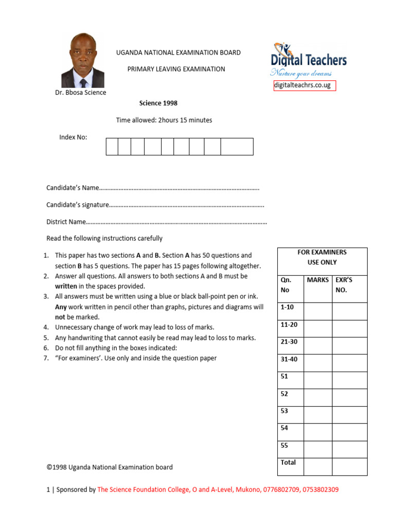 Science 1998 Ple Questions With Answers Uneb Past Paper Revision Guide ...