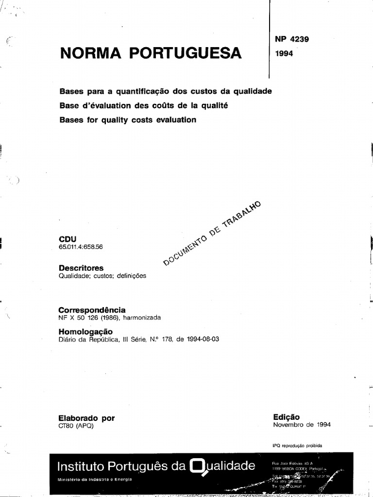 NP EN ISO 4239-1994 - Bases P Quantificação Dos Custos Da Qual. | PDF