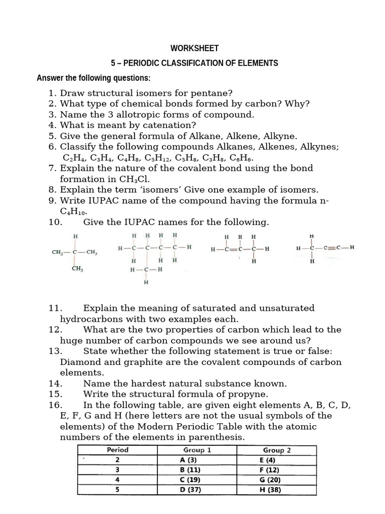WORKSHEET - Periodic Classification of Elements | PDF | Chemical ...
